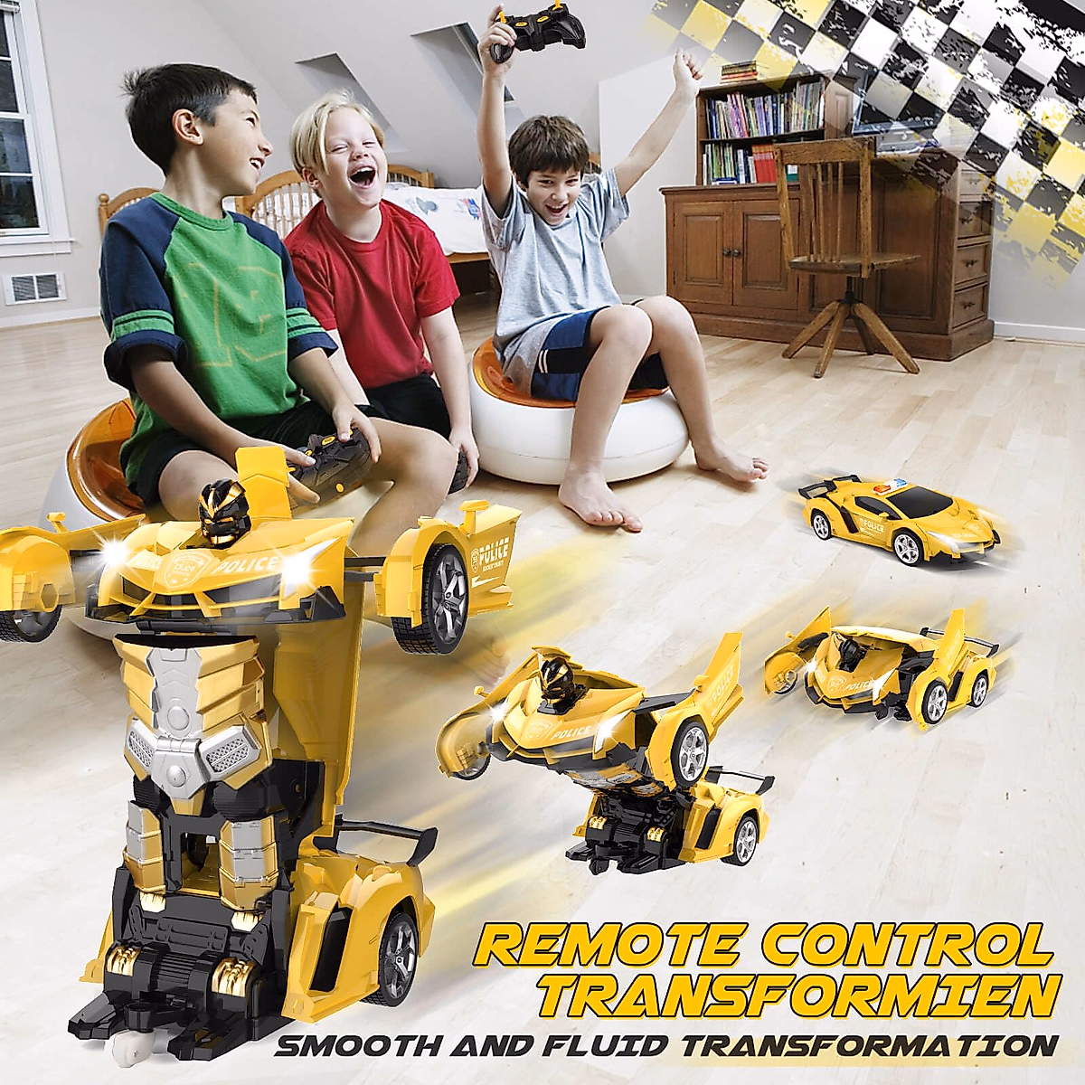 Britik Transform Remote Control Car - Rc Cars, One-Button Transforming, 360° Rotation Drifting, 2.4ghz 1:18 Scale, Gift Kids Aged 4-6 Year Old Boys/Girls, Police Car Yellow