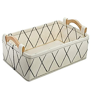 Small Storage Baskets Toy Storage Organizer Rectangle Basket Empty Gift Baskets Shelf Baskets Decorative Storage Basket with Wooden Handles for Keys Makeups Remotes Books