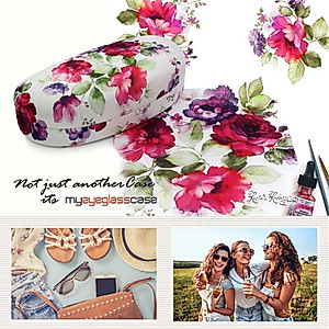 MyEyeglassCase Women Floral Sunglasses case - Hard Glasses Holder - Eyeglass Case Metal Hard shell in watercolor print for Medium - Large frames, with drawstring Pouch & Cloth (AS113 Cranberry Rose)