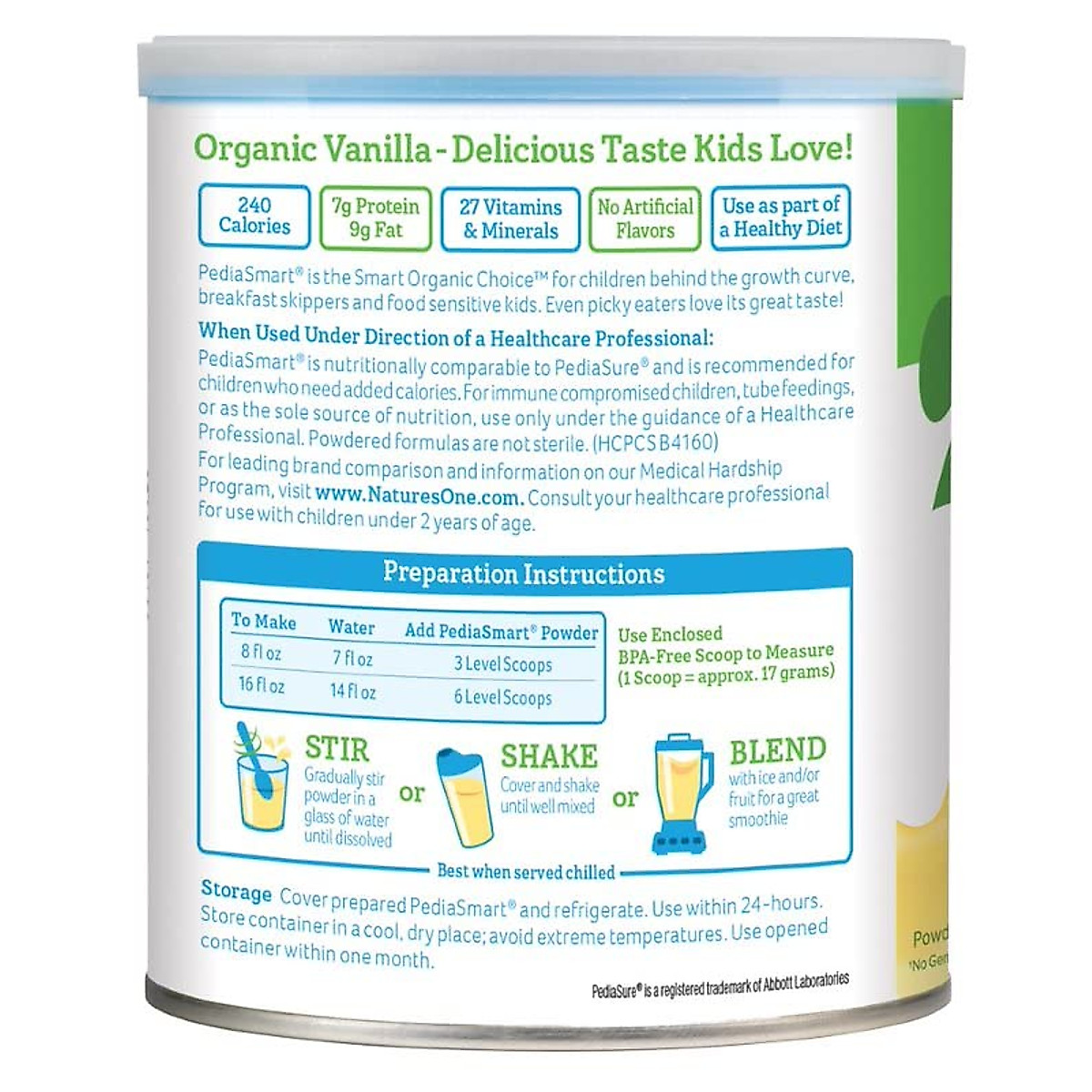 PediaSmart Organic Plant Based Pea Protein Vanilla Complete Nutrition Beverage Mix, 12.7 Oz (Pack of 2) | Non GMO | USDA Organic | Clean Label Project Verified