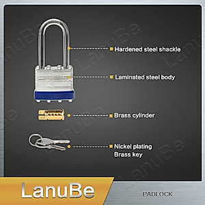 LanuBe Laminated keyed Padlock (1-9/16", 40mm), keyed Alike Locks, Long Shackle,Marked Blue Plastic Hoop, Pack of 6…