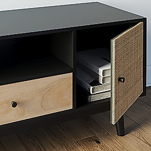 Nathan James Bonnie Modern TV Stand Entertainment Cabinet, Console with a Natural Wood Finish with Storage Doors for Living Media Room, with Drawer, Black Oak/Rattan