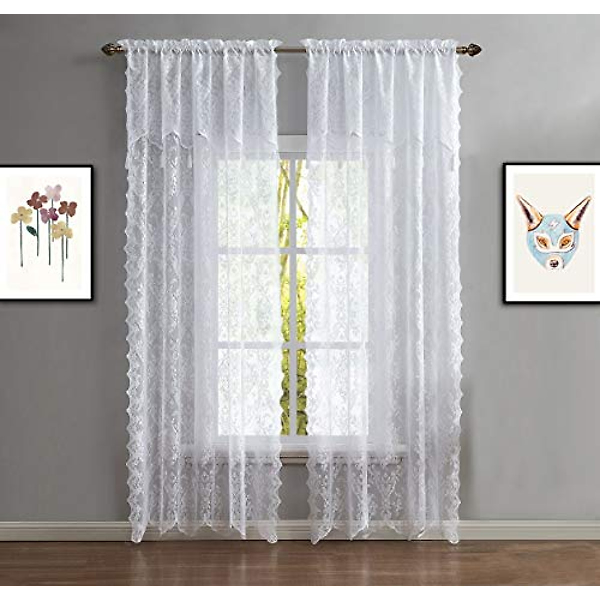 Warm Home Designs Pair of 2 White Color Extra Short Length 54” (W) x 108” (L) Semi Sheer Lace Curtain Panels & Attached Valances with 6 Tassels. Classic Elegant English Rose Pattern. L White 108”