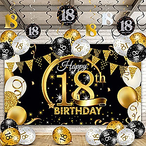 Happy 18th Birthday Party Decorations Kit, Black Gold Glittery Happy 18th Birthday Backdrop Banner Balloon 18th Birthday Hanging Swirls for Men Women 18th Birthday Party Decorations Supplies