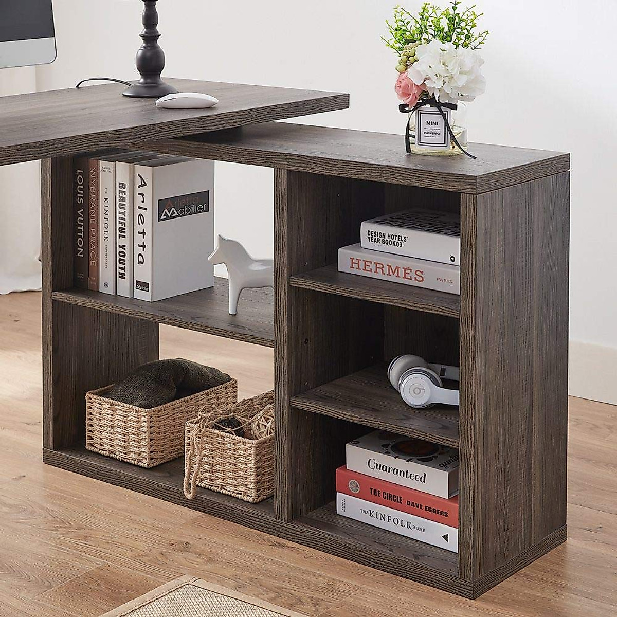 HSH L Shaped Computer Desk, Rustic Wood Corner Desk, Industrial Writing Workstation Table with Cabinet Drawer Storage for Home Office Study, Grey 60 inch