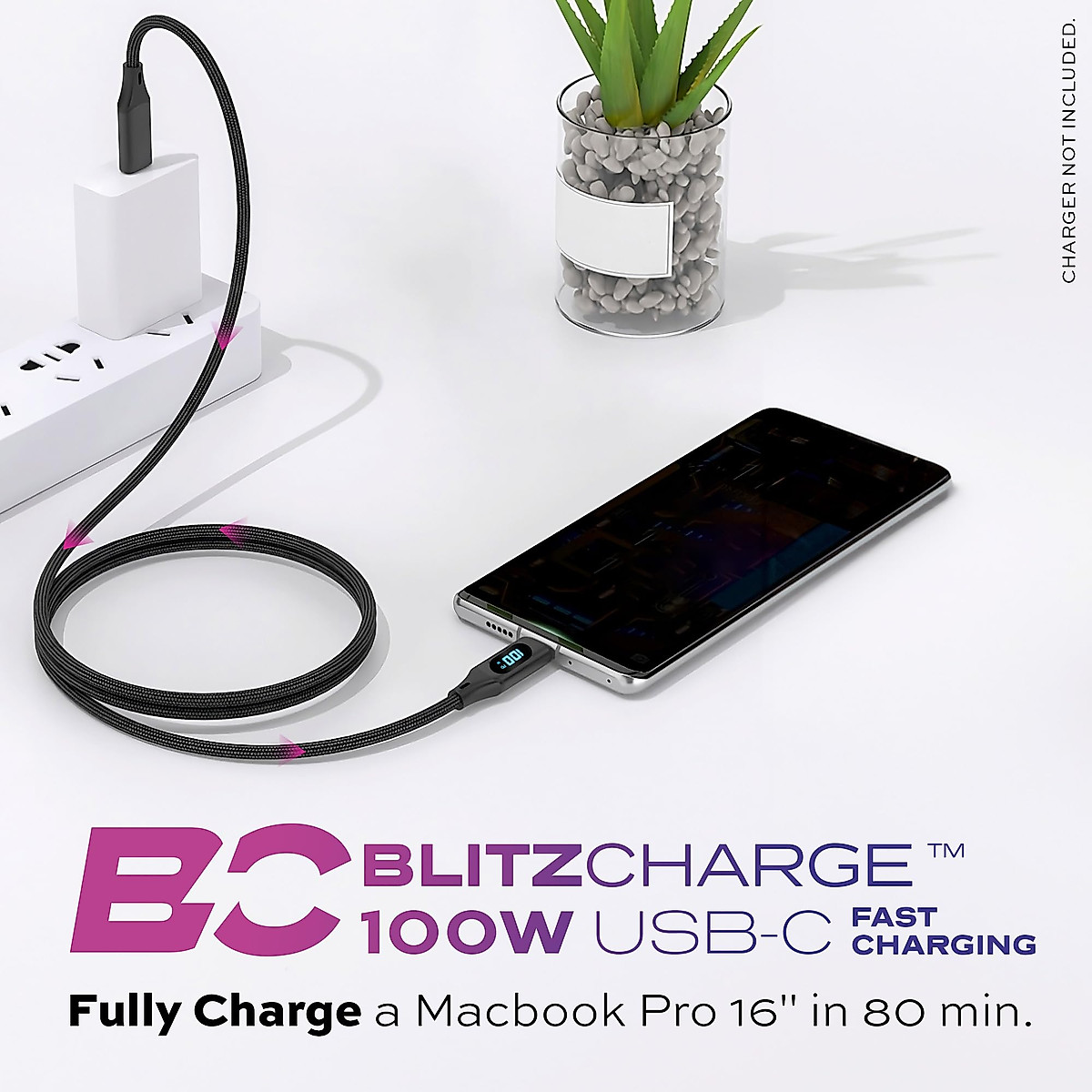 Statik TruCharge 100W USB C Cable with LED Digital Display and Silicone Organizer - Super Fast Charging Cable Type USBC to USBC - High Speed USB C 100W Cable with BlitzCharge Technology, 6FT/2M
