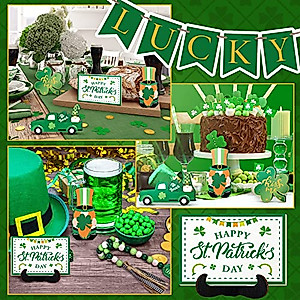 14 Pieces St. Patrick's Day Tiered Tray Decor Set Irish Saint Patrick Themed Tray Decor Home Table Including Shamrock Wood Bead Garland Truck Wood Gnome Farmhouse Sign Tabletop Decorations
