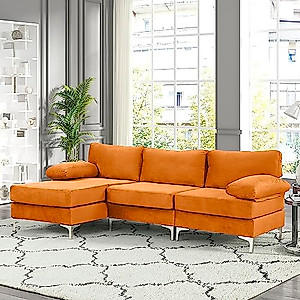 Casa Andrea Milano Modern Large Velvet Fabric Sectional Sofa, L-Shape Couch with Extra Wide Chaise Lounge, Orange