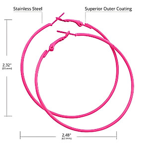 IDB Classic Stainless Steel Big Hoop Earrings - 2.32" x 2.48" x 0.07" (59x63x2mm) - Multiple Colors to choose from (Hot Pink)