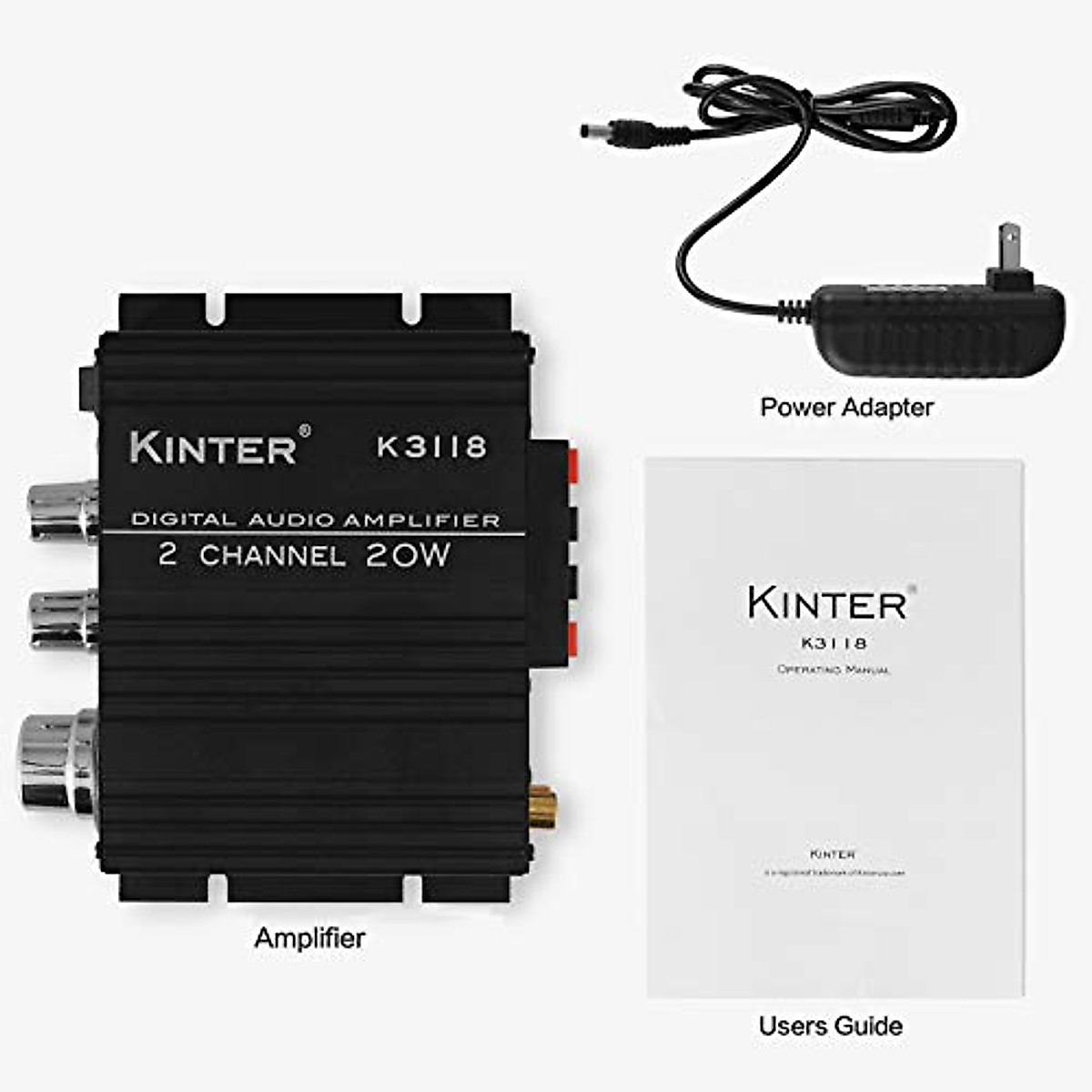Kinter K3118 Texas Instruments TI Digital Hi-Fi Audio Mini Class D Home Auto DIY Arcade Stereo Amplifier with 12V 3A Power Supply Black
