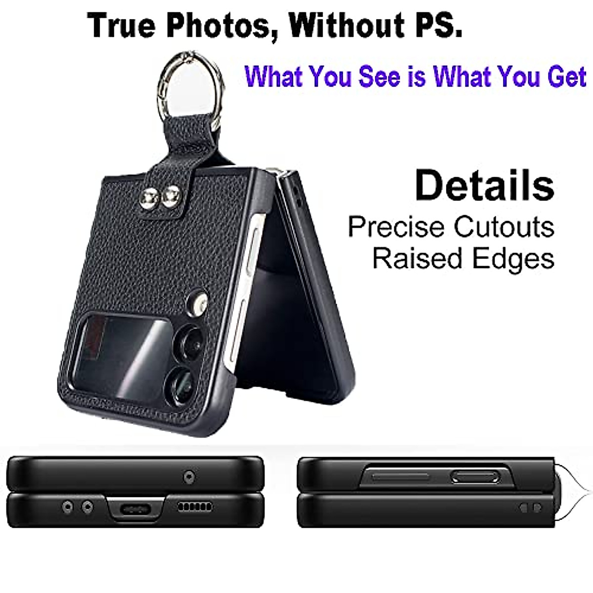 Vitodo for Galaxy Z Flip 4 Case with Ring Holder, Genuine Leather Material Built-in Back Screen Protector Shockproof Protective Phone Cover Slim fit for Samsung Galaxy Z Flip4 5g (2022) - Black