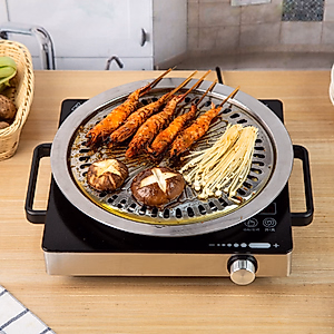 Saim Korean BBQ Grill Pan,Stainless Steel Non-Stick Roasting Smokeless Barbecue Grill Pan,Round Korean Style Stovetop for Indoor Outdoor Camping BBQ