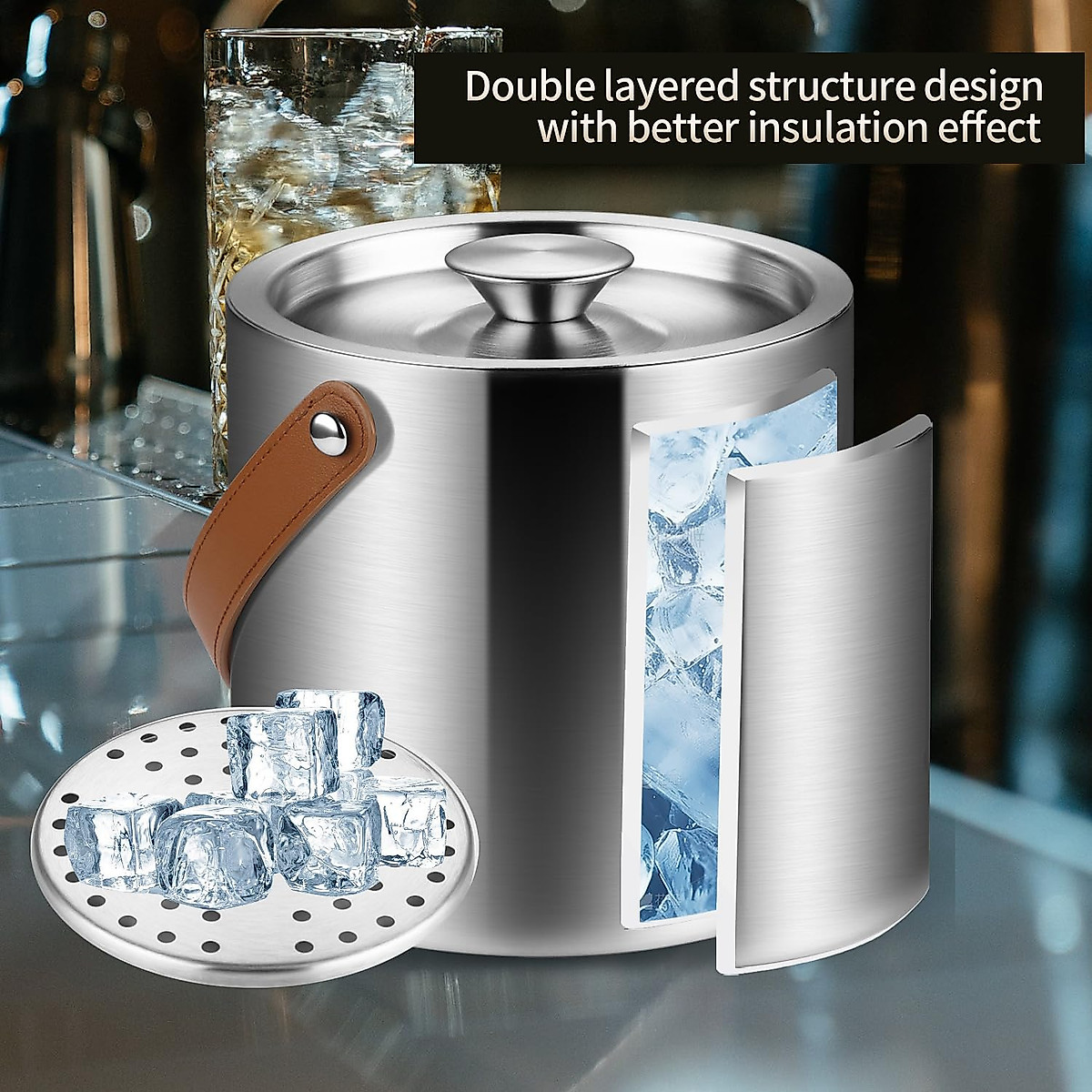Bakpoco Double-Wall Vacuum Insulated Ice Bucket with Lid, Scoop, Ice Tong, Strainer & Leather Handle Keep Ice Frozen Longer Large Wine Ice Buckets for Cocktail Bar,Parties Chilling Beer Champagne 3L