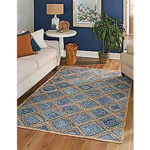 Unique Loom Braided Jute Collection Classic Quality Made Natural Hand Woven with Geometric Design Area Rug (9' 0 x 12' 0 Rectangular, Blue/ Natural)