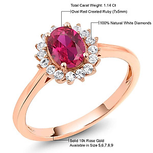 Gem Stone King 10K Rose Gold Red Created Ruby and White Created Sapphire Engagement Ring For Women (1.14 Cttw, Oval, Available in size 5, 6, 7, 8, 9)