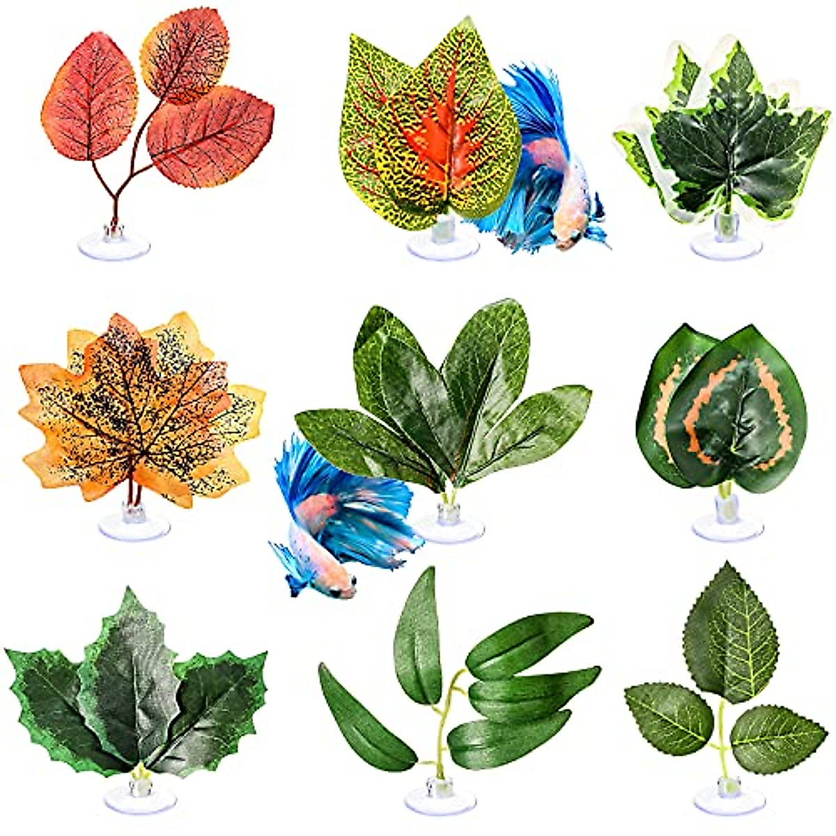 9 Pieces Betta Hammock Bed Leaf Silk Plants Aquarium Pad Artificial Fish Tank Rest Spawning Bed with Suction Cup Aquarium Fish Tank Plant Leaves Decorations for Resting Simulating Habitat, 9 Styles