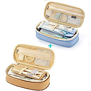 EASTHILL 2PC Big Capacity Pencil Case Pouch Large Pencil Bag for College School Teen Girls Boys Light blue + Khaki
