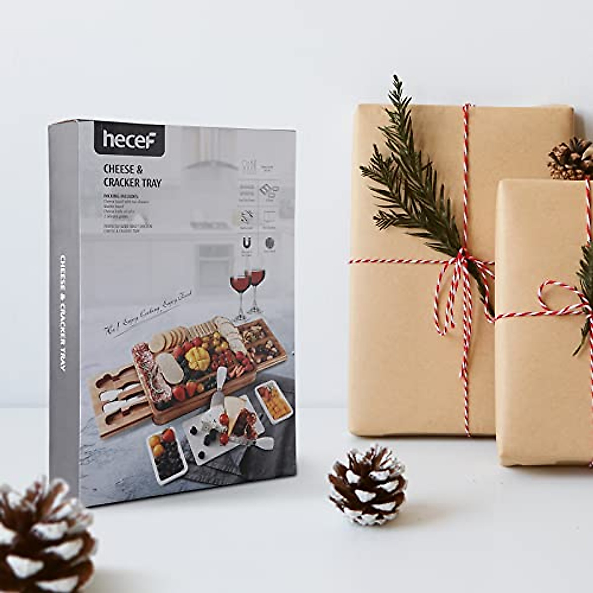 hecef Cheese Board Set Acacia Wood - Large Charcuterie Board with Stainless Steel Knife Set, Thick Wooden Server - Fancy House Warming Gift, Birthday Present & Perfect Choice for Gourmets