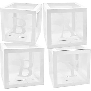 DUBEDAT Baby Boxes with Letters for Baby Shower,4 boxes 4 sets of letters，Transparent Baby Shower Decorations Block Boxes for Birthday Party,Gender Reveal ,Wedding，Reusable Favors In Gift box