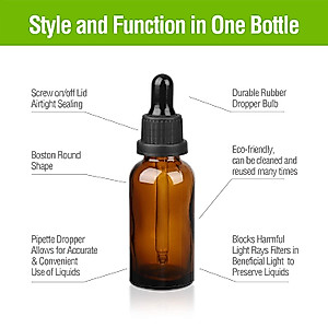 Amber Glass Dropper Bottle with Glass Pipette, 6 X 10ml Glass Eye Dropper Bottles Refillable for Essential Oil Aromatherapy Blends