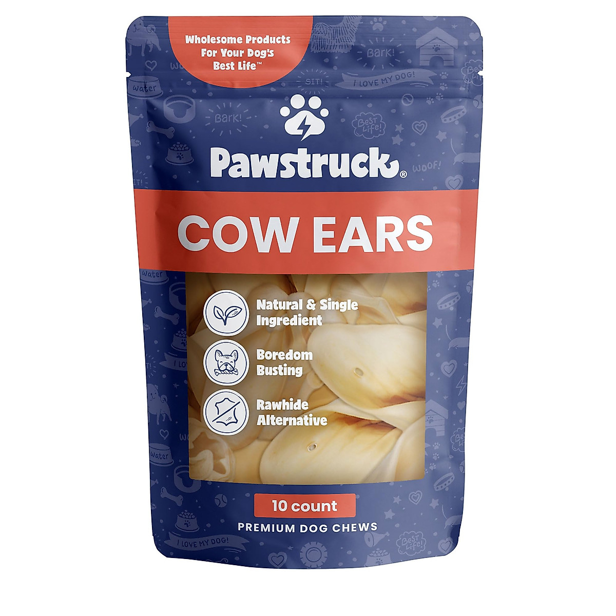 Pawstruck Natural Jumbo Cow Ears for Dogs - Healthy Rawhide Free, Highly Digestible Low Calorie & Long Lasting Dental Chew Treat for Small, Medium, Large Chewers - Pack of 10 - Packaging May Vary