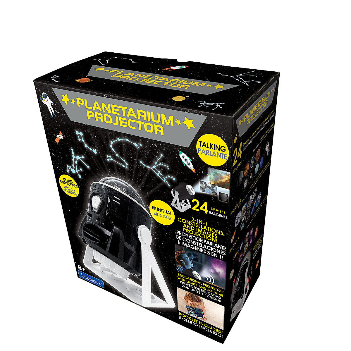 Lexibook Speaking 2-in-1 Constellations and Images Planetarium Projector English/Spanish, 24 Images to Discover Space, 2 Constellation Domes, STEM, Black/White, NLJ181i2