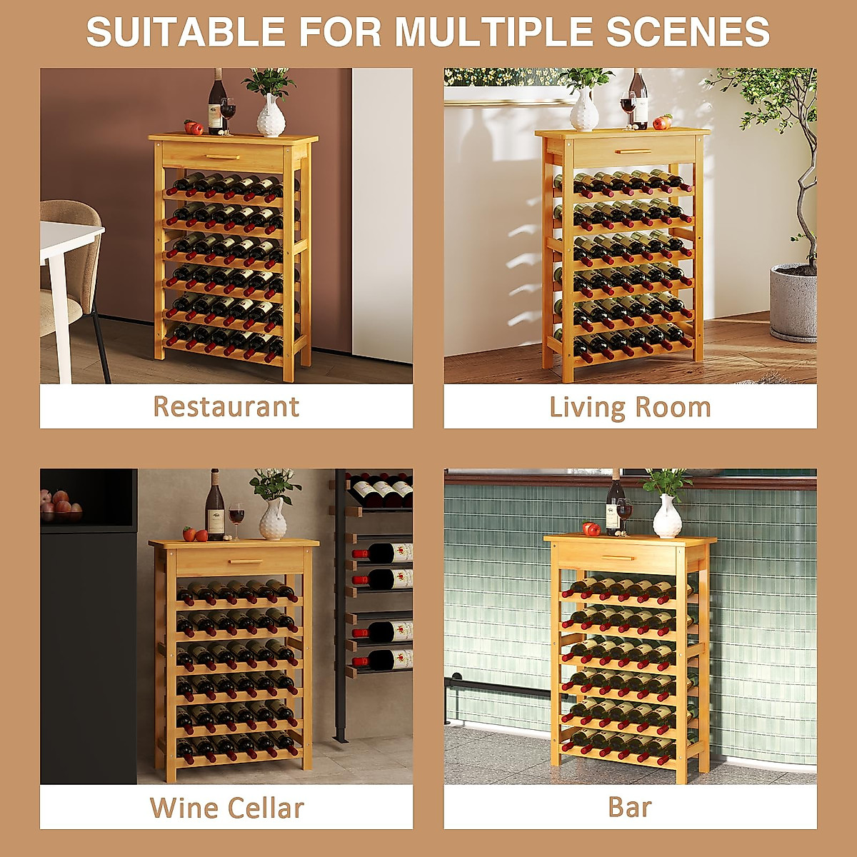 Kinbor 6-Tier Bamboo Wine Rack with Drawer, Standing Storage Rack with 36 Bottles Holder for Bar, Wine Cellar, Basement, Cabinet, Pantry, Kitchen
