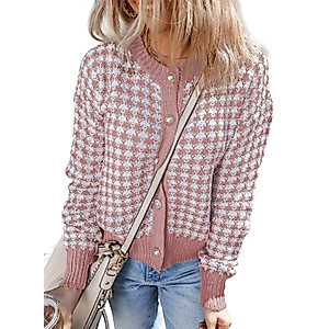 Dokotoo Womens Cardigan Sweaters Fashion V Neck Color Block Plaid Cable Knit Long Sleeve Button Down Comfy Cute Daily 2024 Autumn Winter Ribbed Sweater Outerwear Tops Pink Small