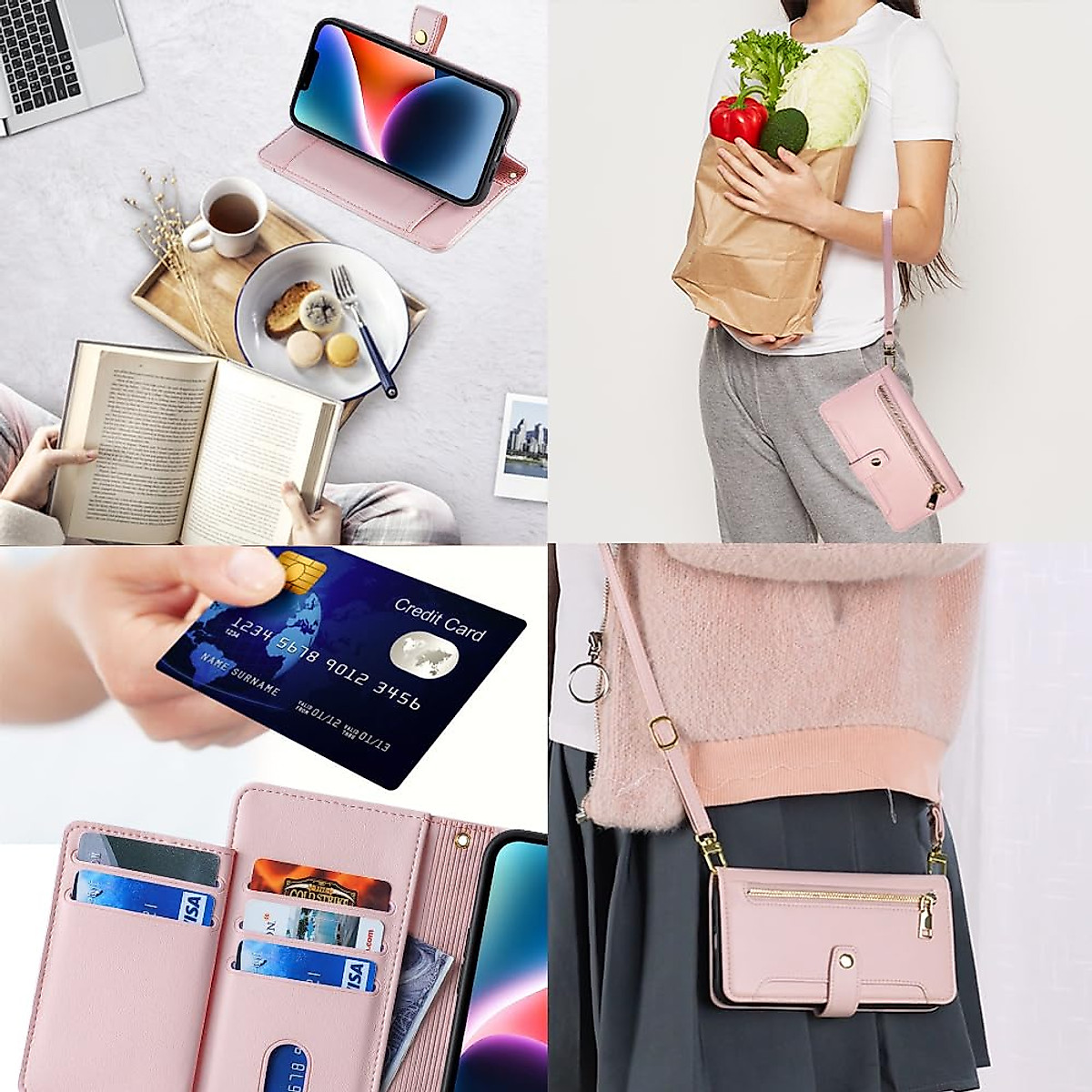 Arseaiy Wallet Case for Oppo Reno 6 Pro 5G（MediaTek） Flip Phone Case with Crossbody Strap Magnetic Handbag Zipper Pocket PU Leather Shockproof with Kickstand Phone Shell Pink