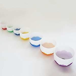 440HZ Set of 7 Lotus Design Frosted Quartz Crystal Singing Bowls 6"-12" with free mallets & O-rings