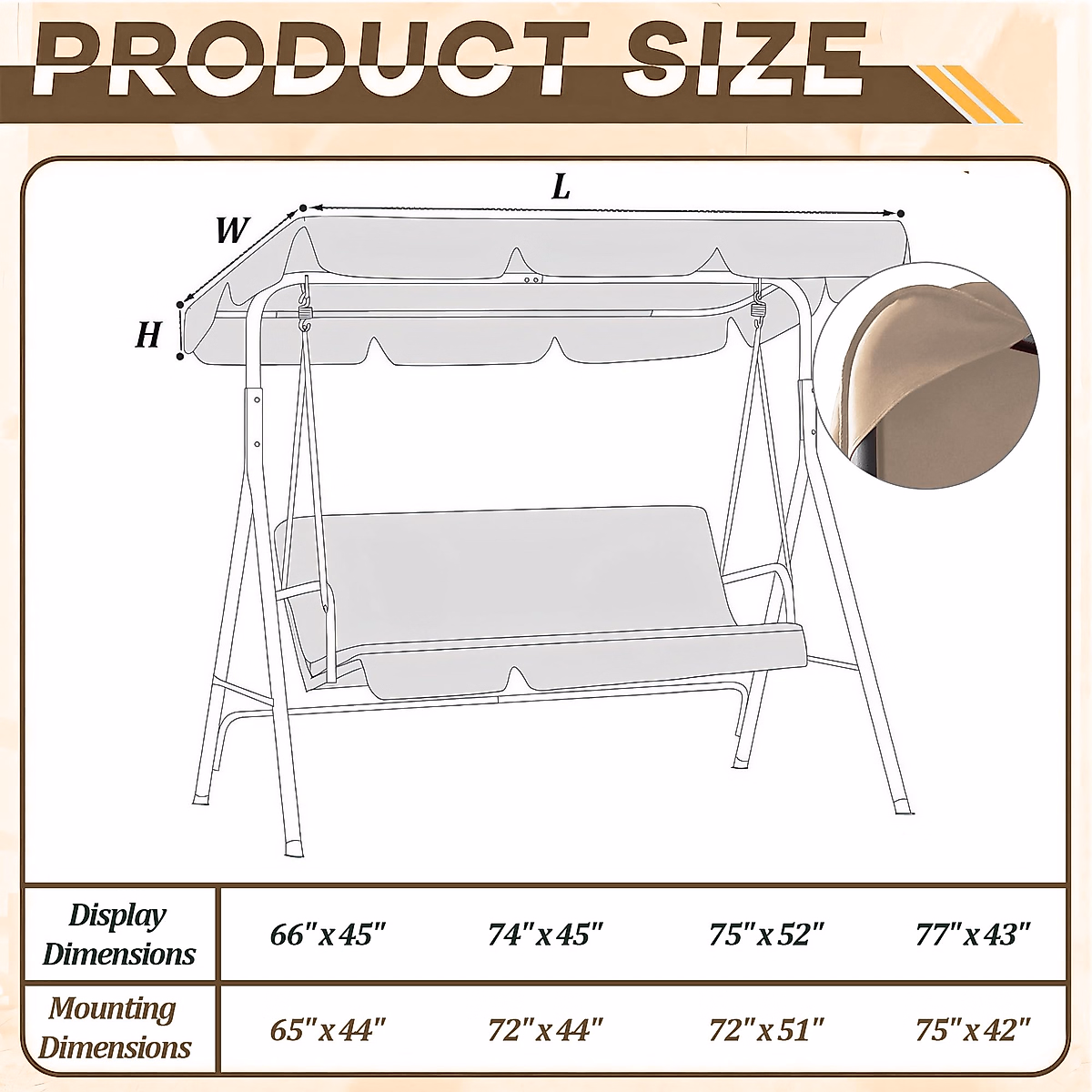 Timoau Porch Swing Canopy, Replacement Waterproof Swing Top Cover, 3 Seater Garden Swing Seat Canopy Cover，Durable Outdoor Sun Shade Patio Swing Canopy Awning Khaki1