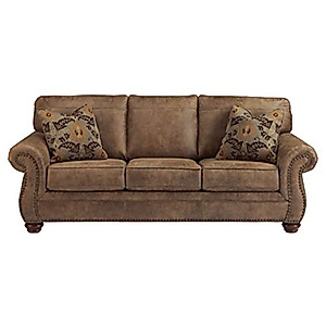 Signature Design by Ashley Larkinhurst Faux Leather Queen Sofa Sleeper with Nailhead Trim and 2 Accent Pillows, Brown