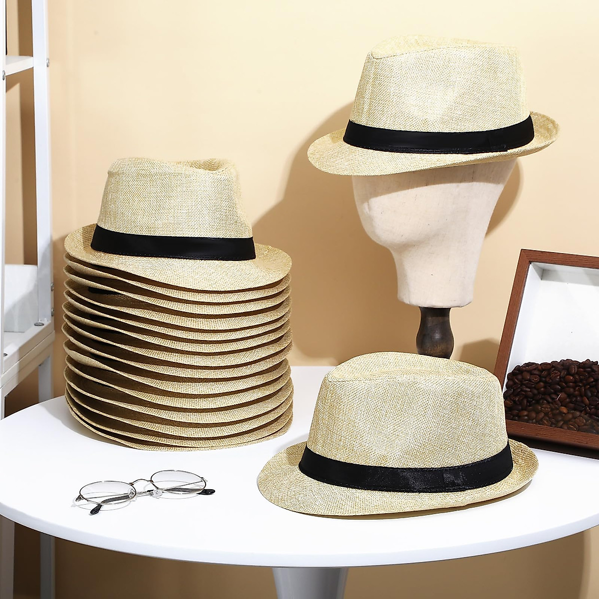 24 Pack 1920s Fedora Hats Bulk for Men Short Brim Sun Panama Hats for Women Party Costume, Circumference 60 cm(Beige)