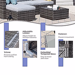 Patiorama 7 Pieces Outdoor Patio Furniture Set, Outdoor Sectional Conversation Set, All Weather Grey Wicker Rattan Sofa Set, W/Glass Table, Two Assembled Ottomans, Light Grey Cushions