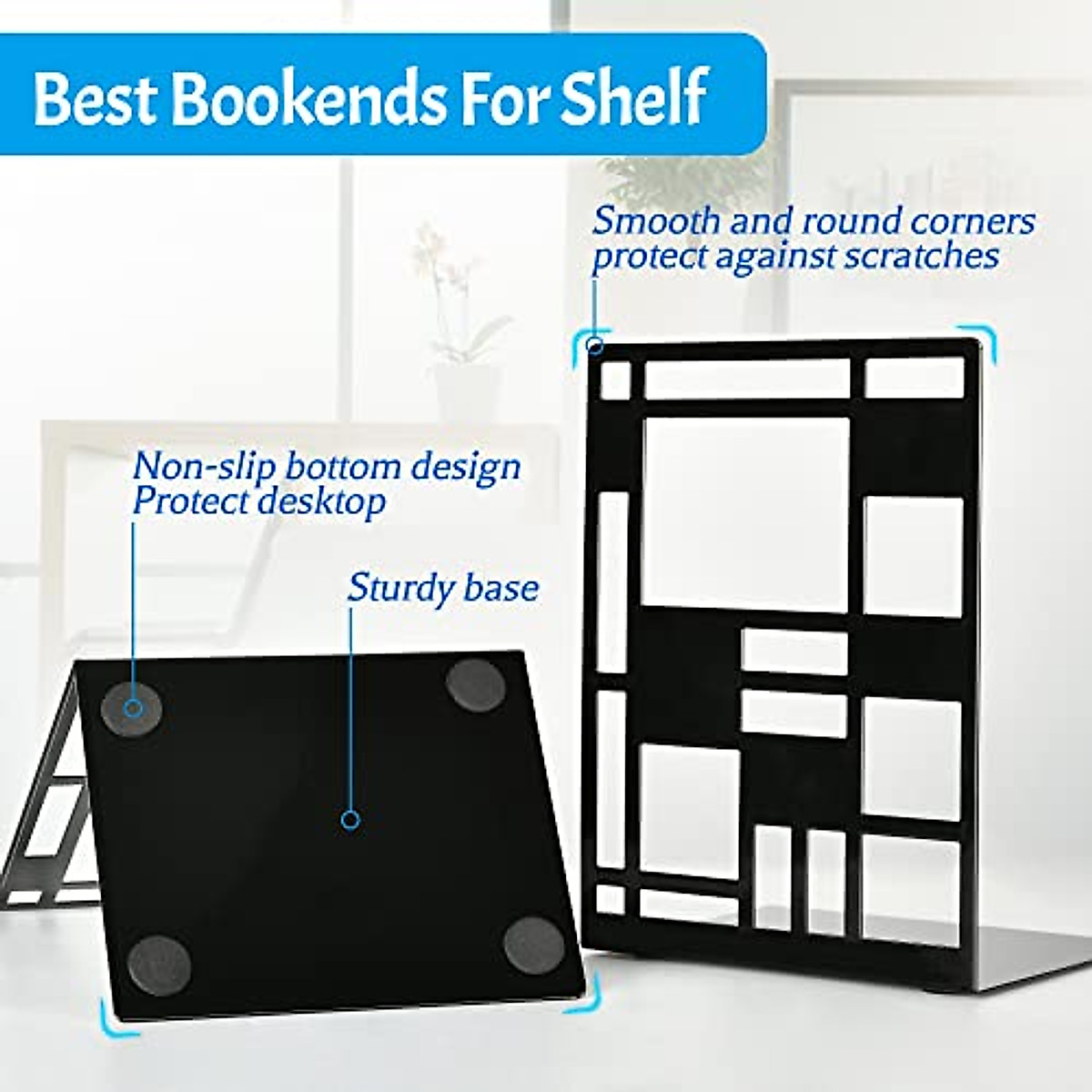 Bookends,Book Ends for Shelves,Bookends for Heavy Books, Book Holder,Metal BookEnd Supports (4)