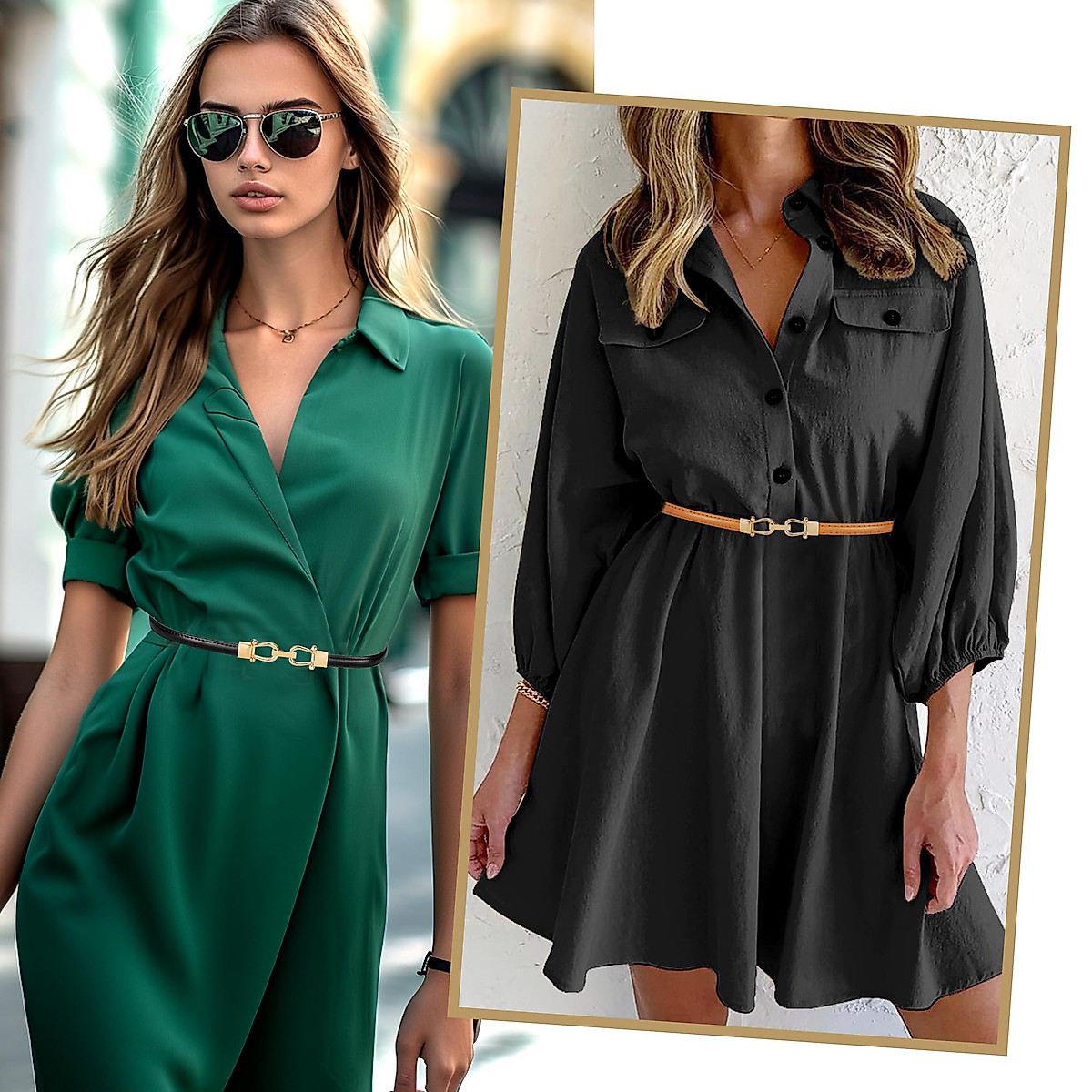 macoking Womens Thin Belt Adjustable Skinny Leather Belts for Dresses, Black&Brown