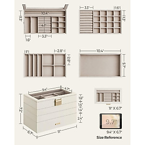 SONGMICS Stackable Jewelry Trays, 4-Tier Jewelry Box, Drawer Jewelry Organizer, with Glass Lid, Removable Dividers, for Vanity Table, 6.7 x 11 x 7.2 Inches, Christmas Gift, Cloud White UJBC164W01