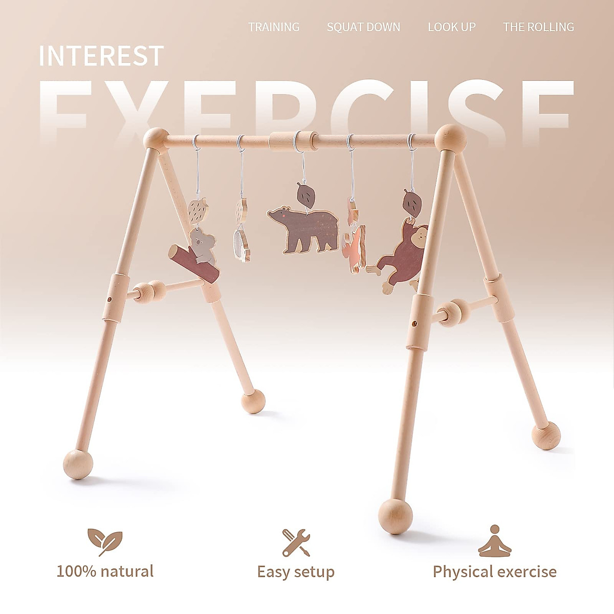 Etucdose Wooden Baby Gym with 5 Gym Toys, Detachable Wooden Play Gym Frame Activity Gym Hanging Bar Baby Toy for Activity Gym, Ages Newborn + (Jungle Animal Theme)