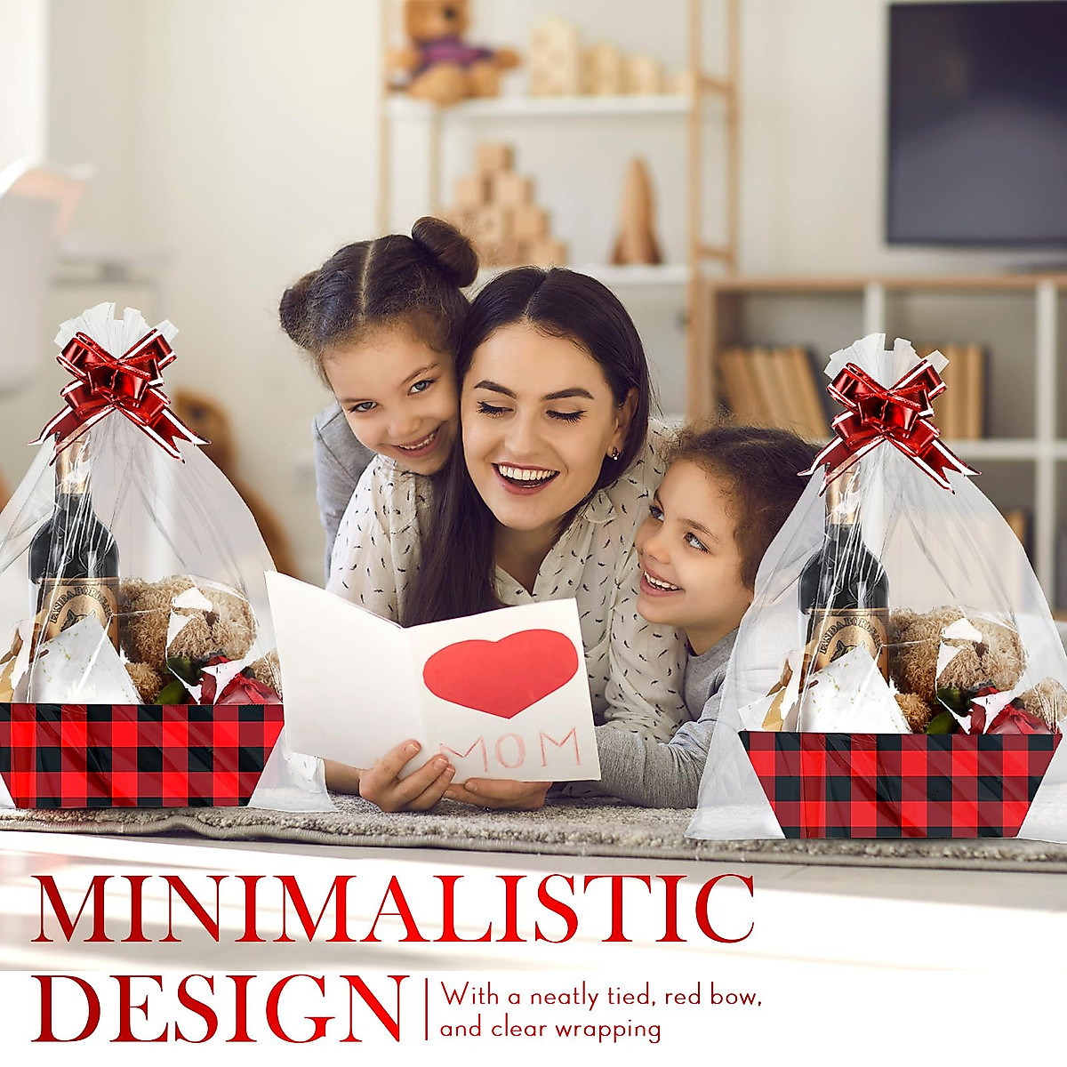 22 Pcs Basket for Gifts Empty Kit Includes 6 Pcs Gift Basket Empty to Fill 6 Pcs Clear Gift Bags 10 Pull Bows Market Tray Favor for Valentines Wedding Holiday Birthday Gift Package (Red Black Plaid)