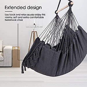 HFKJ Hammock Chair Hanging Rope Swing Chair with 2 Seat Cushions & Installation Kit, Max 330 Lbs, Handmade Macrame Hanging Chair for Bedroom Patio Yard Garden, Dark Grey