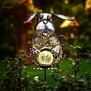 KAIXOXIN Garden Solar Lights Metal Dog Crackle Glass Globe Stake Lights,Waterproof Warm White LED Solar Path Lights (Dog-Bronze)