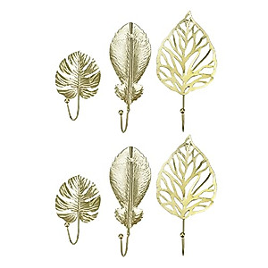 KUMGROT 6pcs Wall Hooks Decorative Gold Wall Mounted Coat Hook Leaf Key Holder Fun Plant Wall Hooks for Hanging Hat Coat Towel Scarf Bag Style A