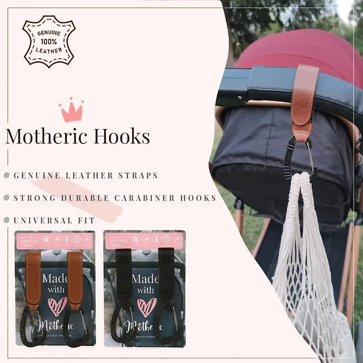 Genuine Leather Stroller Hook by Motheric - baby stroller leather hooks, stroller hooks for diaper bags, Leather Stroller Clips - 2Pcs - stroller bag hook - Black