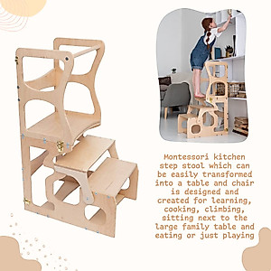 WoodandHearts Montessori Step Stool for toddlers - 2 in 1 Multifunctional Learning Tower - Kitchen Standing Helper (with shapes cutouts)