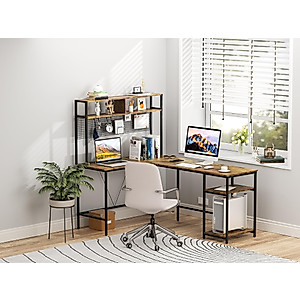 VEELOK L Shaped Desk with Hutch - 67" L Shaped Gaming Desk with LED Lights, Corner Computer Desk with Storage Shelves, L Shaped Office Desk with Pegboard, Rustic Brown