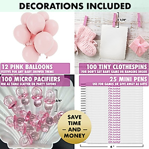Baby Shower Games for Girl Dont Say Baby, Tummy Tape, Bingo Game Cards and Baby Shower Decorations for Girl, 10 Fun Games, 25 Pens, 100 Acrylic Pacifiers, Clothespins, Balloons