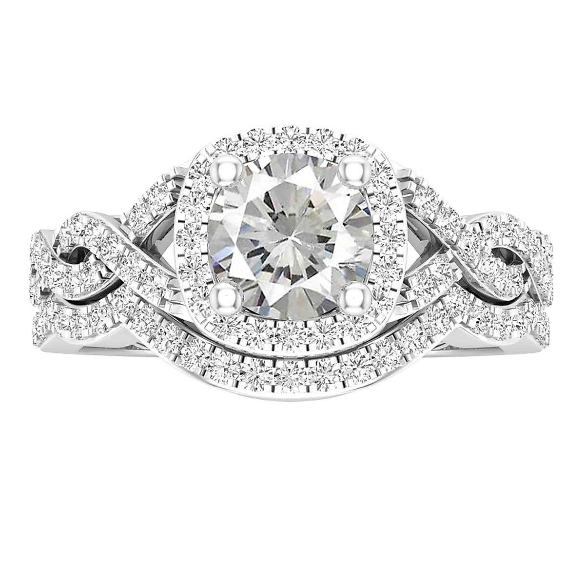 Dazzlingrock Collection 5.8 mm Round Lab Created White Sapphire & Natural White Diamond Women Twisted Style Halo Wedding Ring Set, Sterling Silver, Size 7