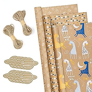 BIOBROWN Wrapping Paper Rolls with Tags and Jute String -Giraffe Designs for Birthday,Holiday, Baby Shower Packing -3 Rolls-17 inch X 10 feet Per Roll