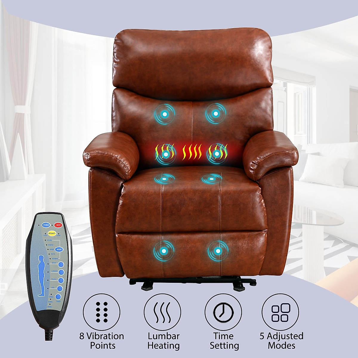 RIHEREFY Electric Recliner,PU Leather Recliner Chair with Extended Footrest,Recliner Chairs for Adults,Extra Wide Reclining Massage Chair with 2 Side Pockets & USB Ports