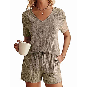Ekouaer Womens Ribbed Knit Lounge Set Short Sleeve Top and Shorts Sleepwear Pajama Set Two Piece Shorts Outfits Set Khaki